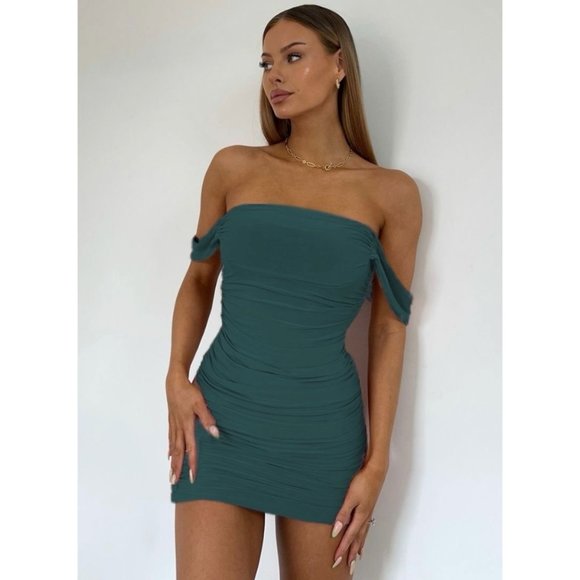 Dresses | Green Short Sleeve Off Shoulder Ruched Bodycon Mini Dress ...